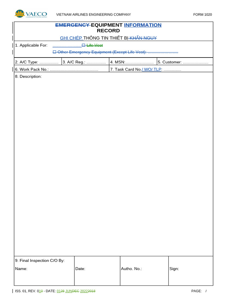Vietnam Airlines Emergency Equipment Form | PDF