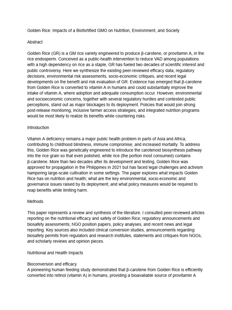 Golden Rice Impacts of A Biofortified GMO On Nutrition, Environment ...
