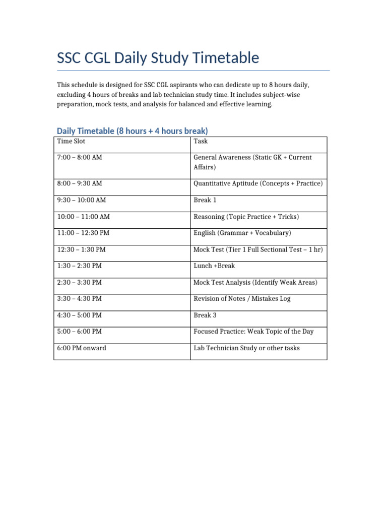 SSC CGL 8-Hour Daily Study Plan | PDF