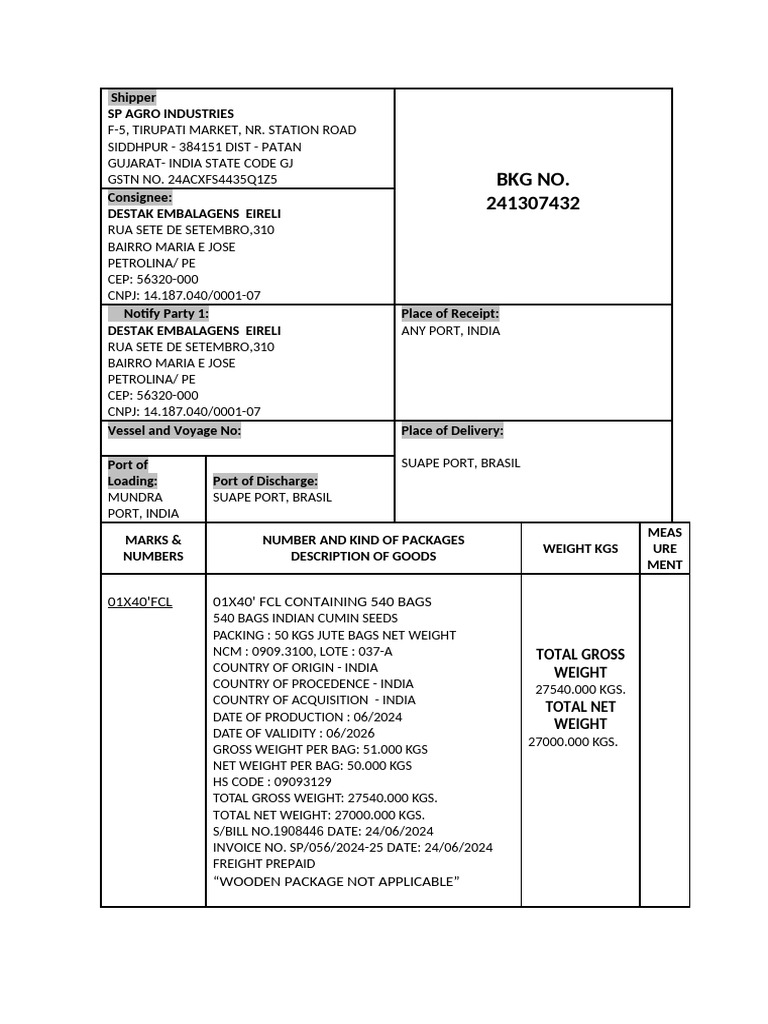 Bl Draft Sp Agro Inv 056 (3) | PDF | Supply Chain Management
