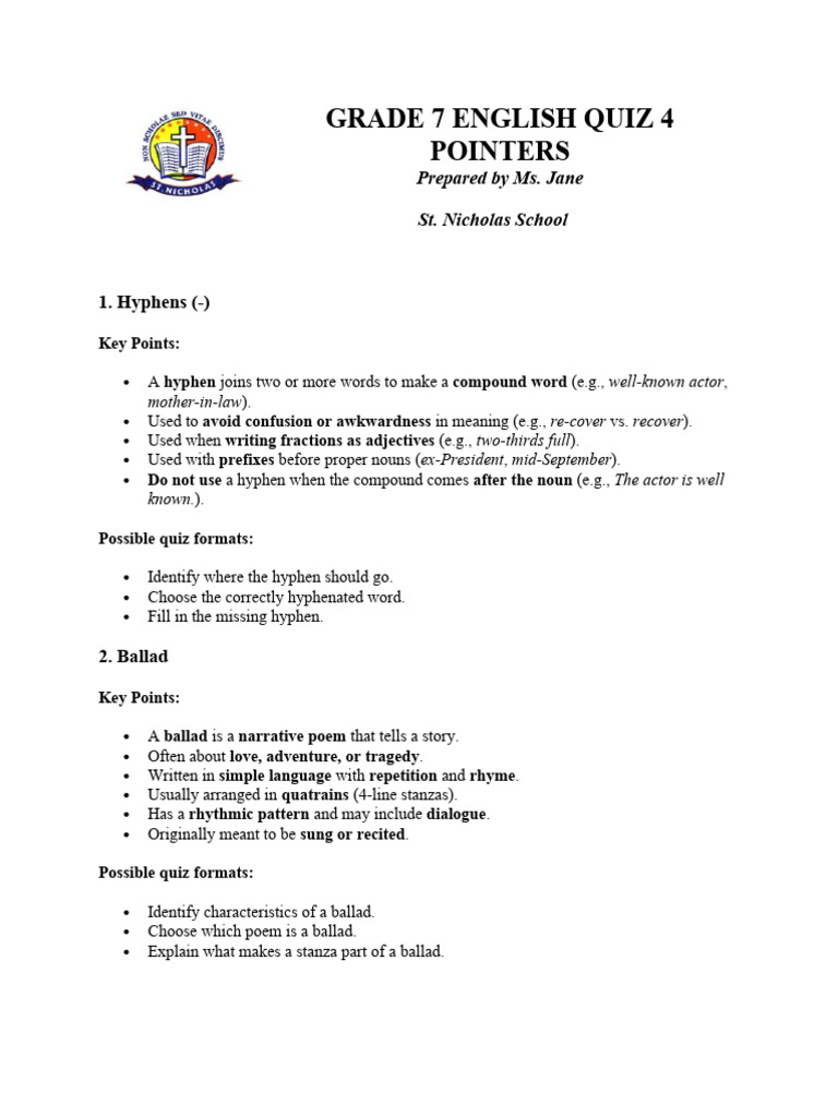 Grade 7 English Quiz 4 Pointers | PDF