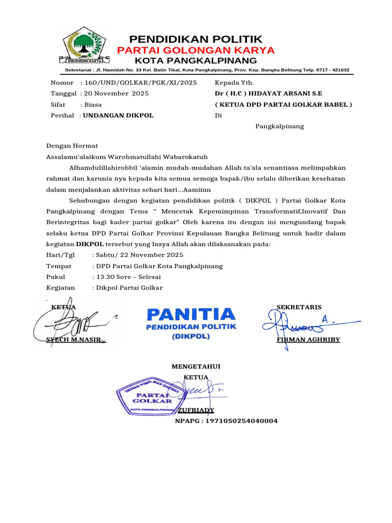 Undangan DIKPOL Partai Golkar Pangkalpinang | PDF