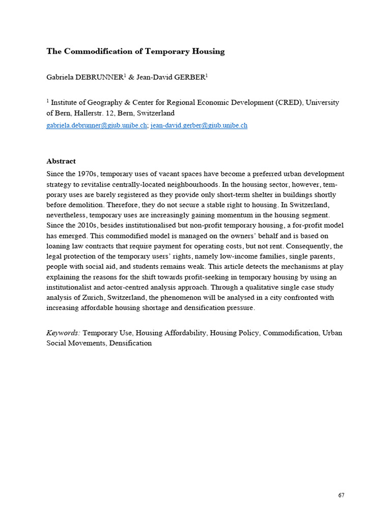 Commodification of Temporary Housing in Switzerland | PDF | Lease ...