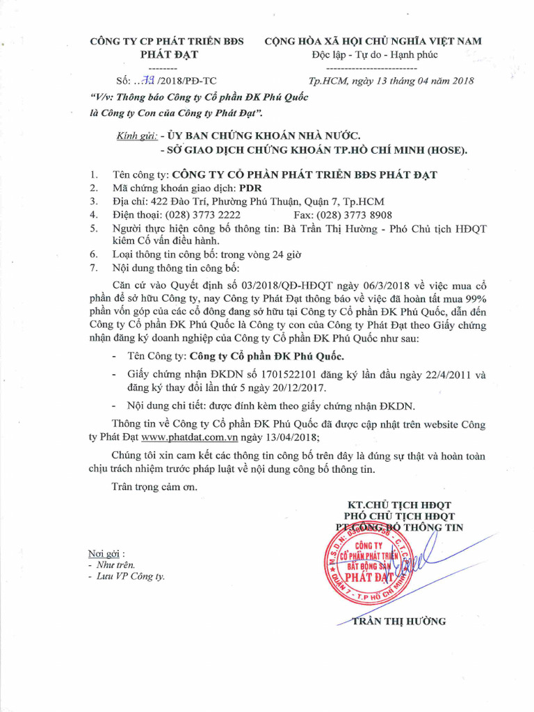 20180413_20180413 - Pdr - Cbtt Vv Mua Co Phan de So Huu Cong Ty Con | PDF