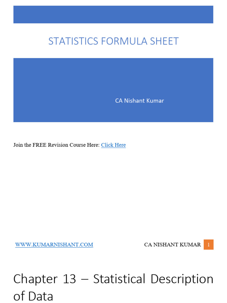 Statistics Formula Sheet | PDF | Mean | Statistics
