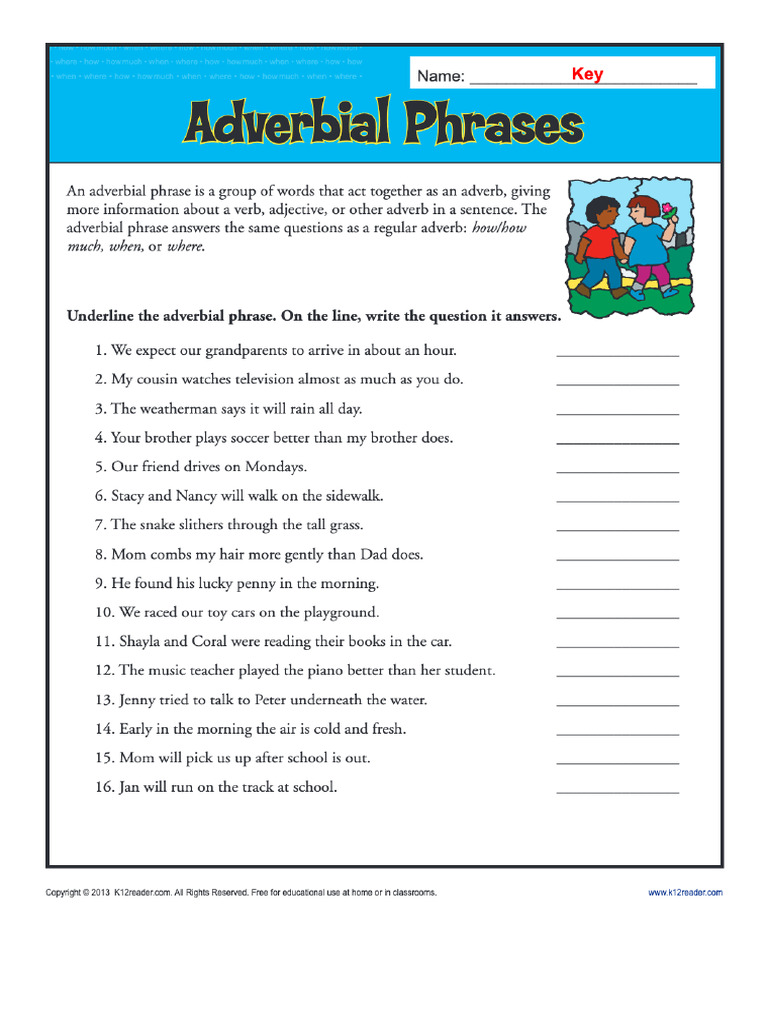 Adverbial Phrases - Free, Printable Adverb Worksheets | PDF
