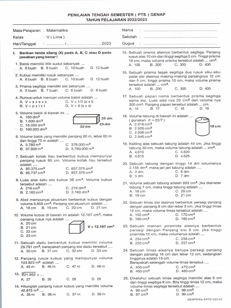 Soal Pts Genap Kls 5 2022-2023 | PDF