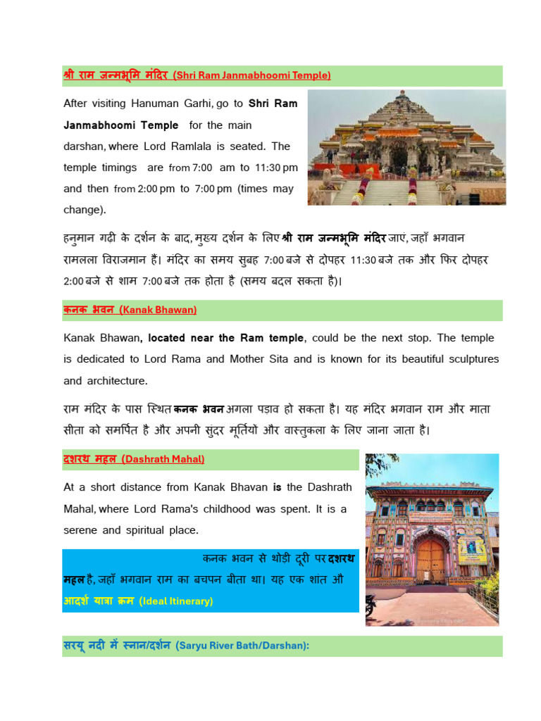 Ayodhya (Ideal Itinerary) | PDF