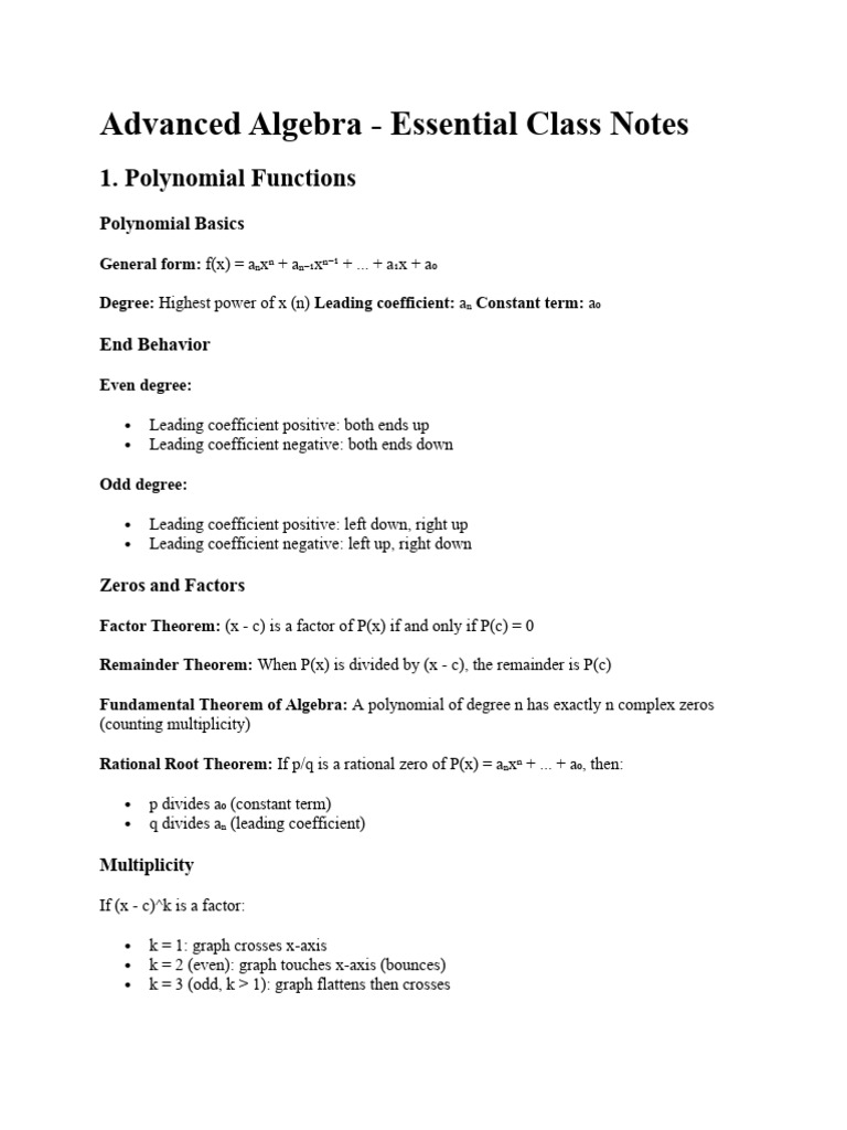 Advanced Algebra Class Notes Summary | PDF | Factorization | Polynomial