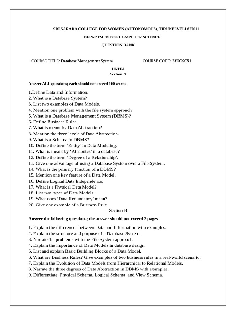DBMS Question Bank | PDF | Relational Model | Databases