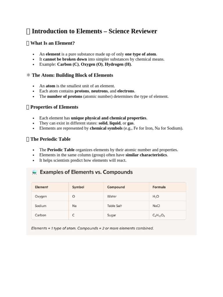 Introduction To Elements - 7 Science | PDF