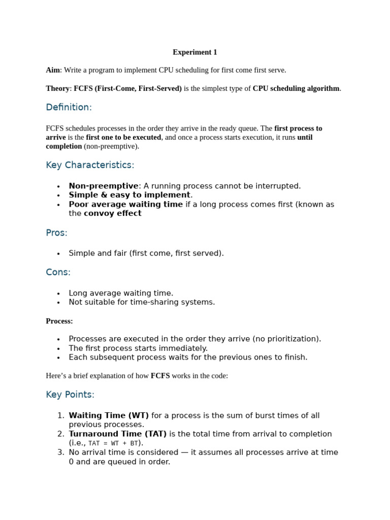 Definition:: Experiment 1 Aim Theory FCFS (First-Come, First-Served) CPU Scheduling Algorithm ...