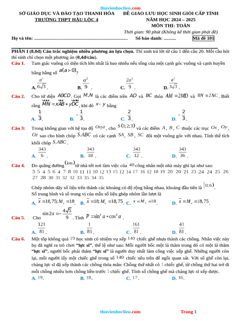 De Giao Luu HSG Toan 12 THPT Hau Loc 4 Nam 24 25 | PDF