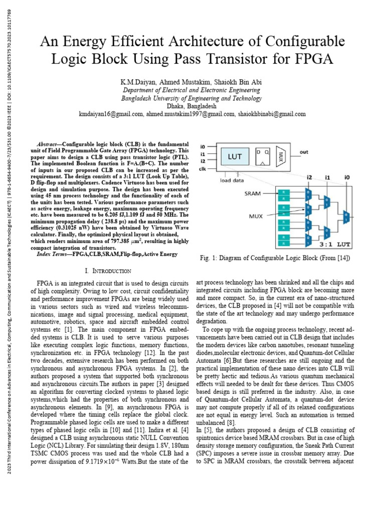 1 - An Energy Efficient Architecture of Configurable Logic Block Using Pass Transistor For FPGA ...