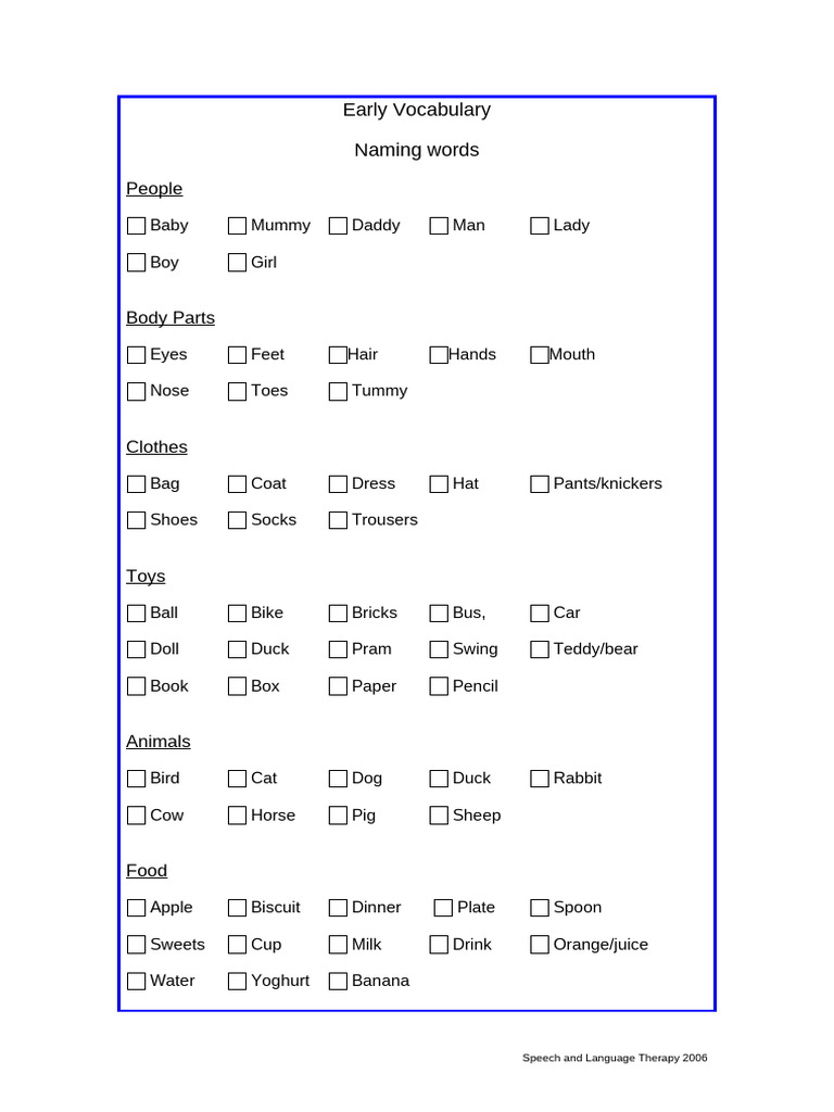 Early Vocabulary List for Children | PDF