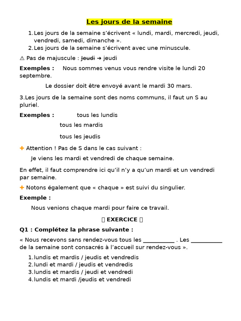 Règles d'écriture des jours de la semaine | PDF