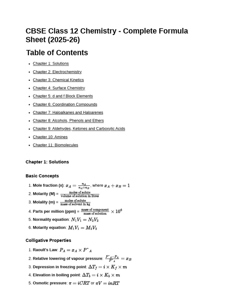 CBSE Class 12 Chemistry Formulas 2025 26 | PDF | Electrochemistry ...