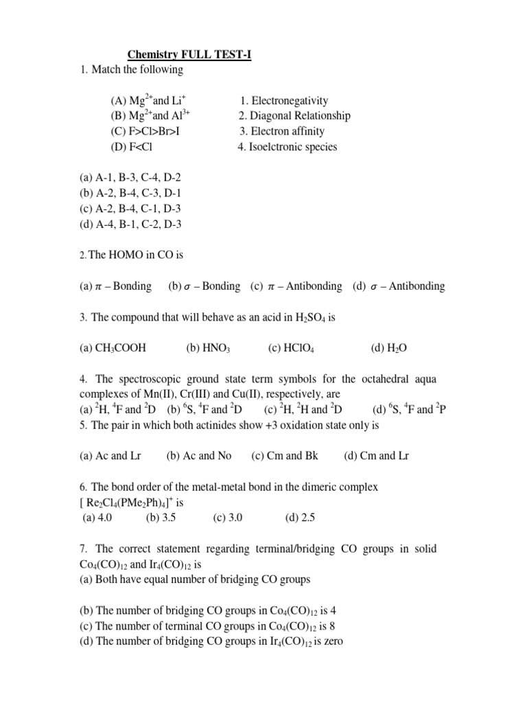 Chemistry Test - 1 | PDF