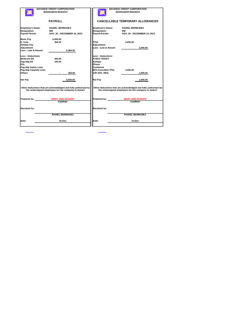 Anie Payslip | PDF | Payroll | Labor