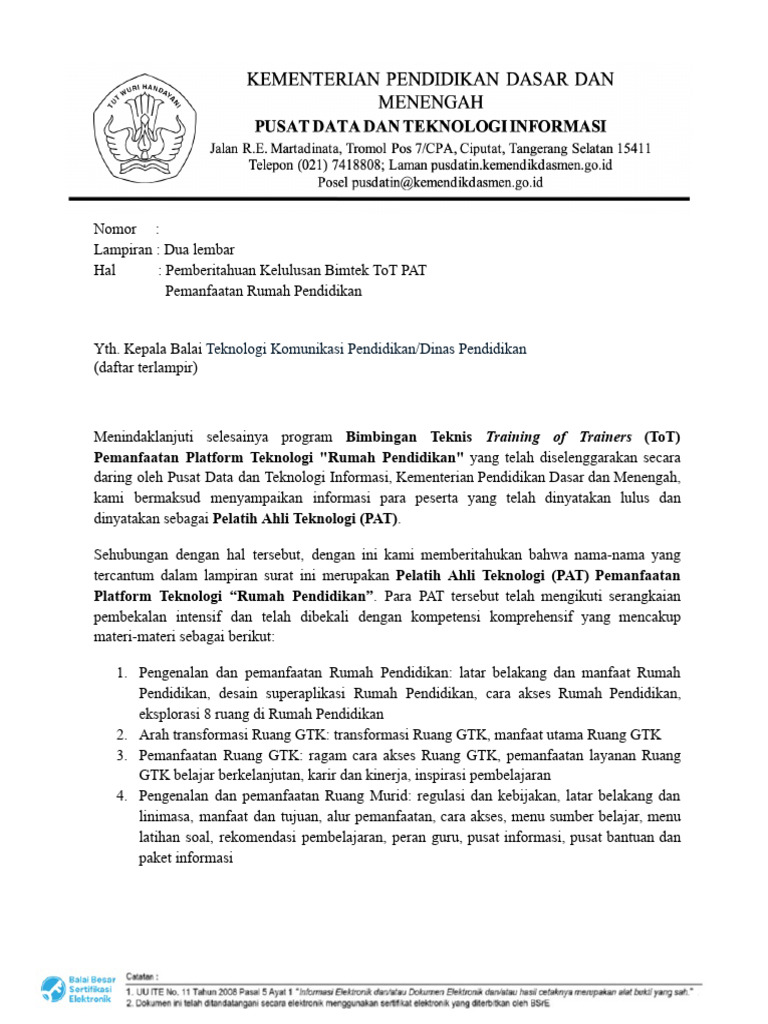 20251006_Pemberitahuan Kelulusan Bimtek ToT PAT Pemanfaatan Rumah Pendidikan | PDF