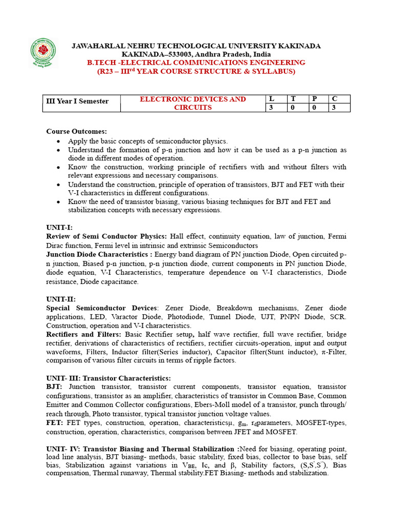 Syllabus Electronic Devices and Circuits | PDF | Transistor | Bipolar Junction Transistor