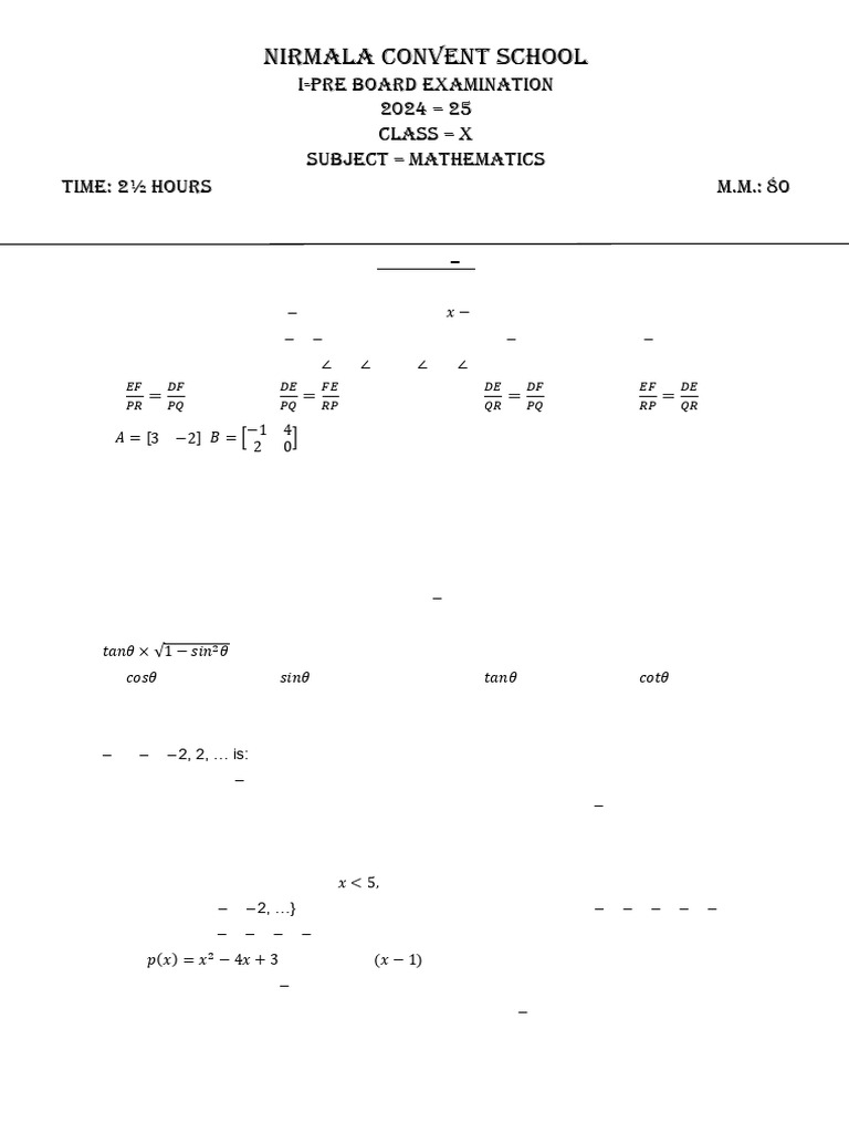 Mathematics Class X - I Pre-Board | PDF | Matrix (Mathematics ...