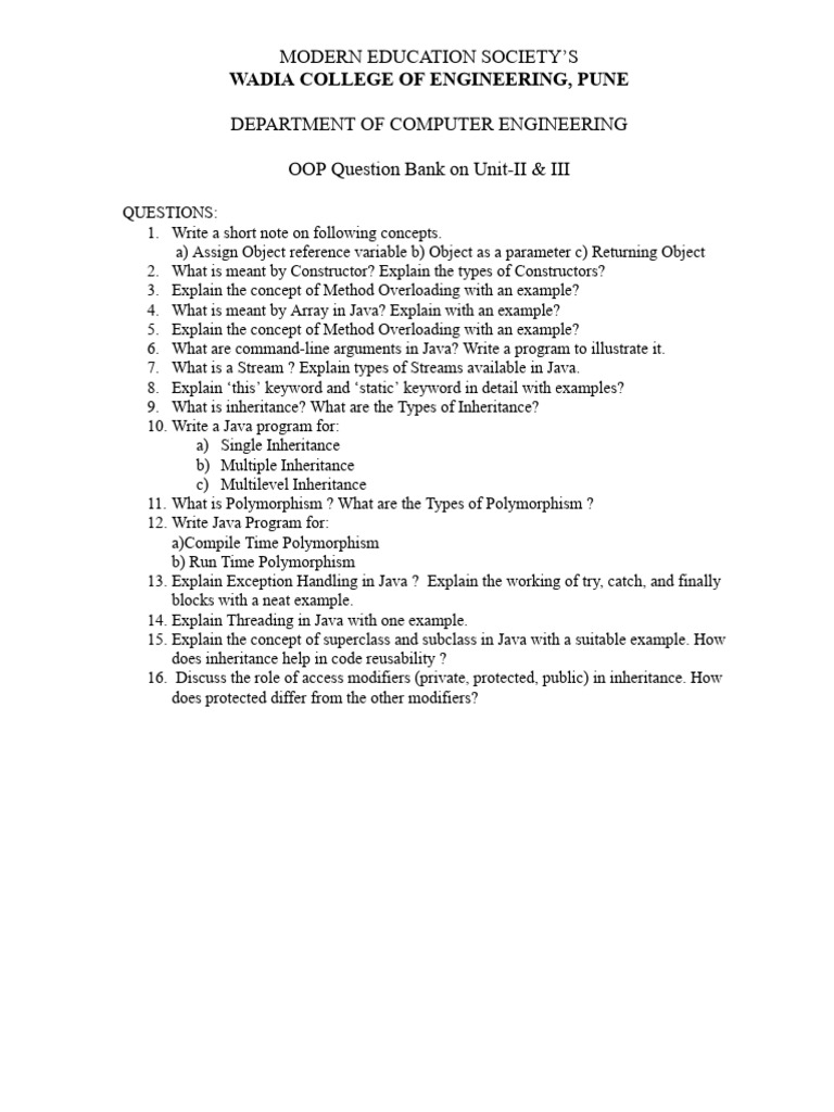 OOP Question Bank On UNIT II and III | PDF