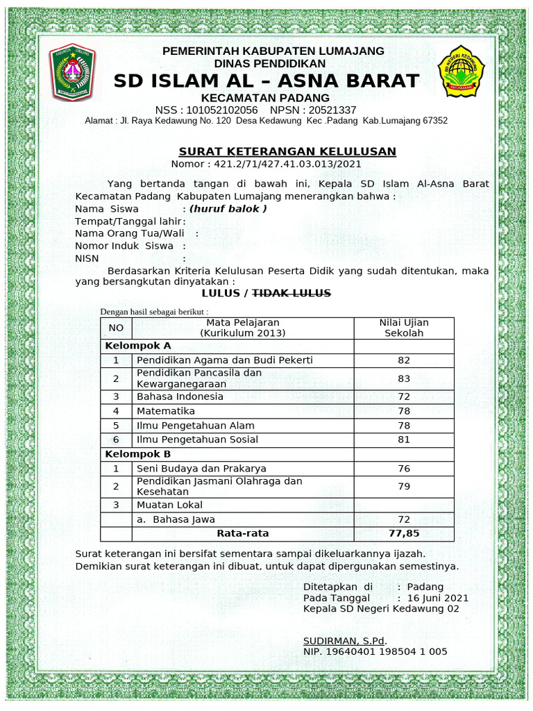 4. Surat Ket Lulus ( Pers Siswa Padang ) | PDF