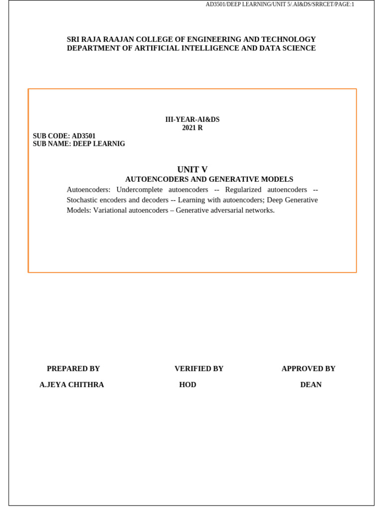 Deep Learning - AD3501 - Notes - Unit 5 - Autoencoders and Generative ...