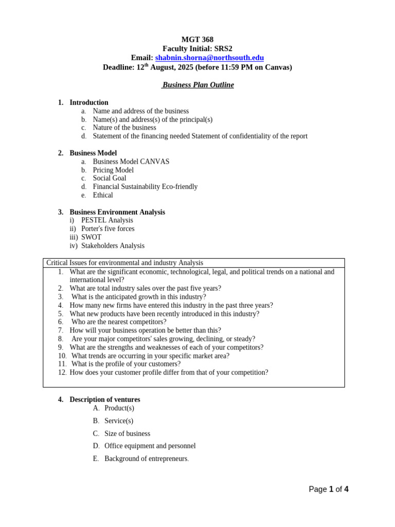 Business Plan Outline for MGT 368 | PDF | Stocks | Business
