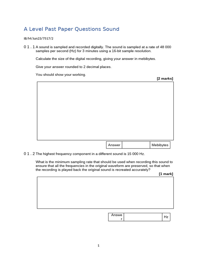 PPQs A Level L21 Sound | PDF | Sampling (Signal Processing) | Analog To ...