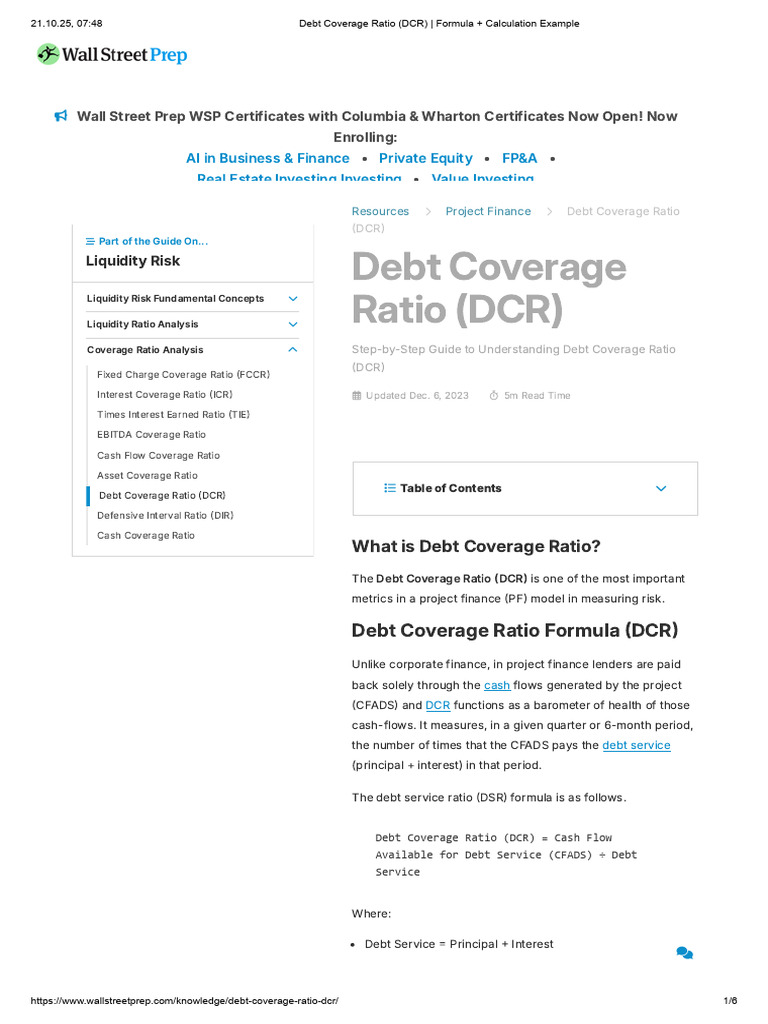 Debt Coverage Ratio (DCR) - Formula + Calculation Example | PDF | Debt ...