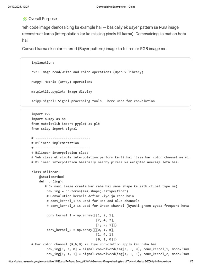 Demosaicing Example - TXT - Colab | PDF | Vision | Signal Processing