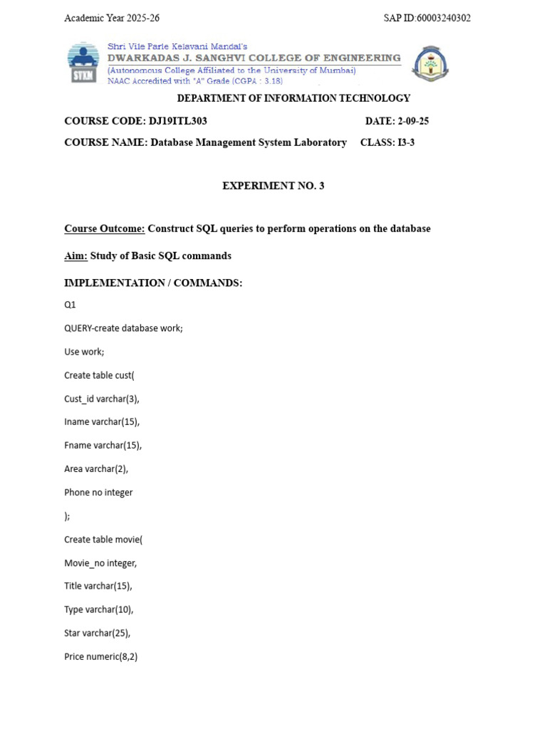 dbms exp 3 | PDF | Databases | Information Science