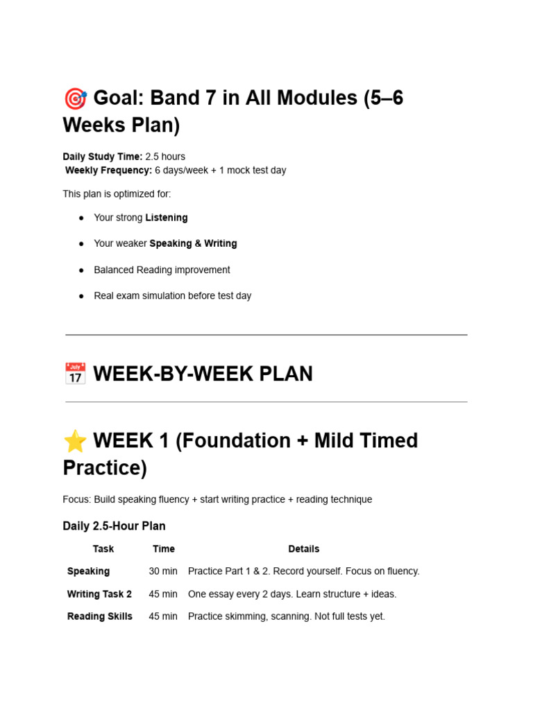 ? Goal - Band 7 in All Modules (5-6 Weeks Plan) | PDF | Accuracy And ...