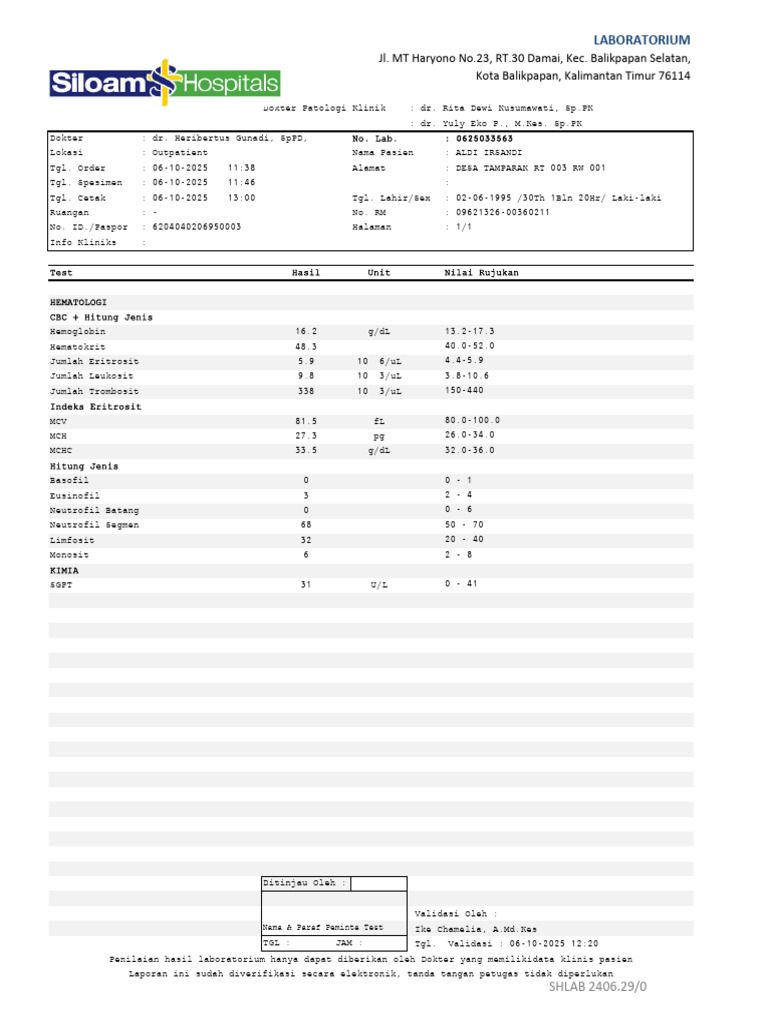 Hasil Laboratorium Pasien Aldi Irsandi | PDF