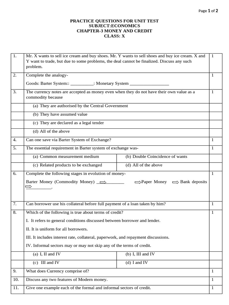 Practice Question for Unit Test Paper Social Science Class X | PDF ...