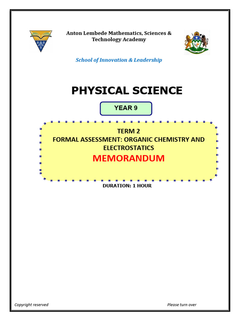 GRADE 9 PHYSICAL SCIENCE TERMc 2 ORGANIC CHEM TEST MEMO | PDF ...