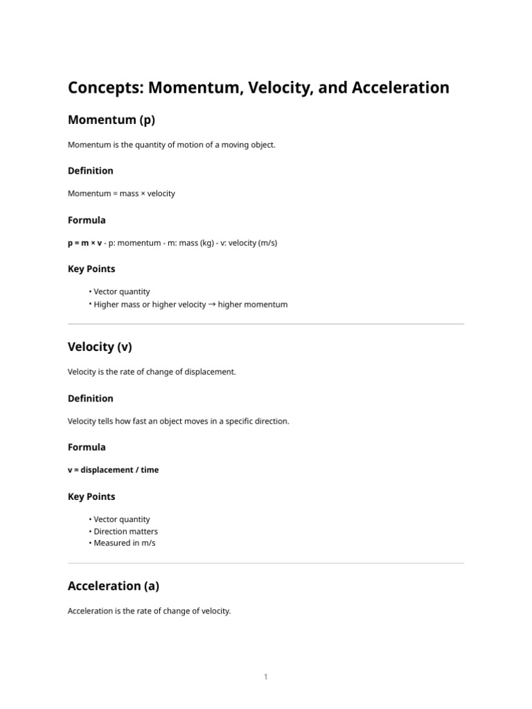 Momentum, Velocity and Acceleration | PDF