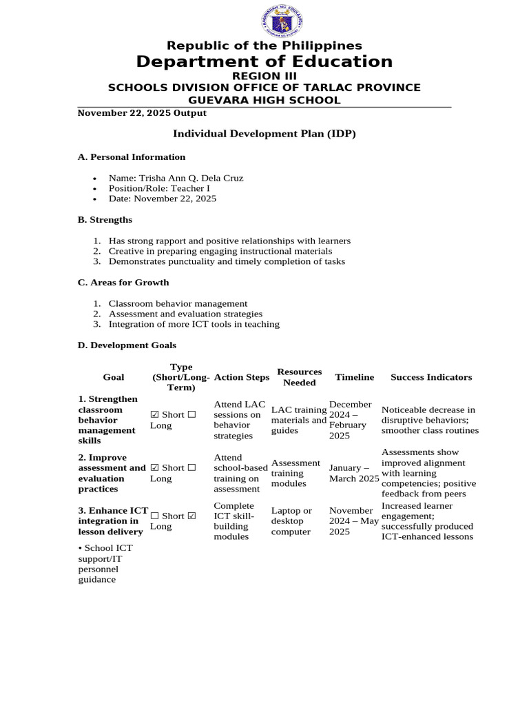 Individual Development Plan (IDP) Output 1 Page | PDF | Educational ...