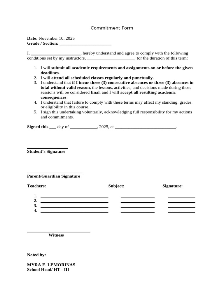 Commitment Form Pdf