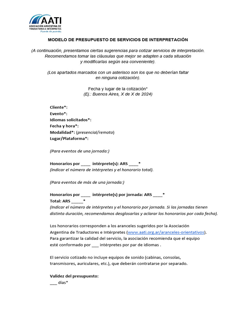 Comint Modelo de Presupuesto Interpretacion AATI | PDF