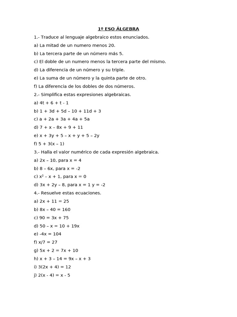 Ejercicios de Álgebra 1º ESO | PDF