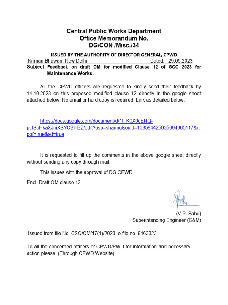 CPWD Feedback on Draft OM for Modified Clause 12 of GCC | PDF | Receipt ...