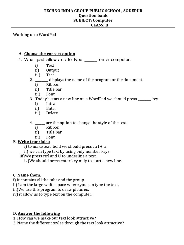 Computer Class II WordPad Question Bank | PDF