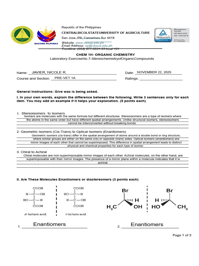 Prevet1a Javier Nicole Lab#7 | PDF | Isomer | Chirality (Chemistry)