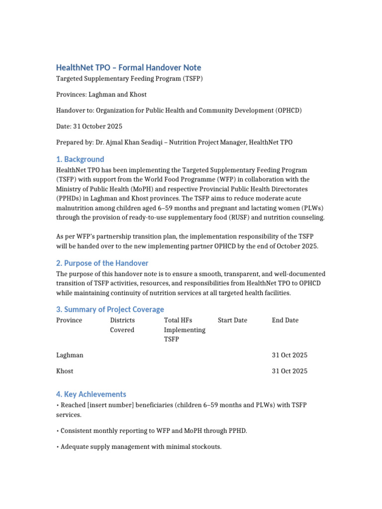 TSFP Handover Note: HealthNet to OPHCD | PDF | World Food Programme