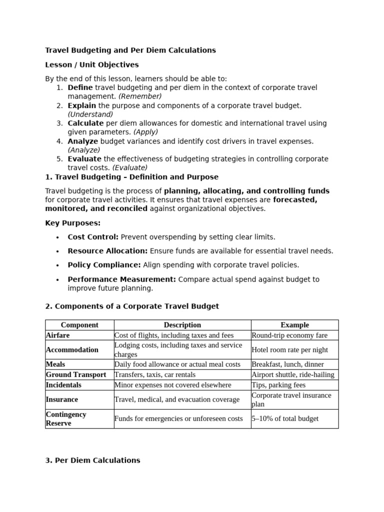 WEEK 7 Travel Budgeting and Per Diem Calculations | PDF | Cost Of ...