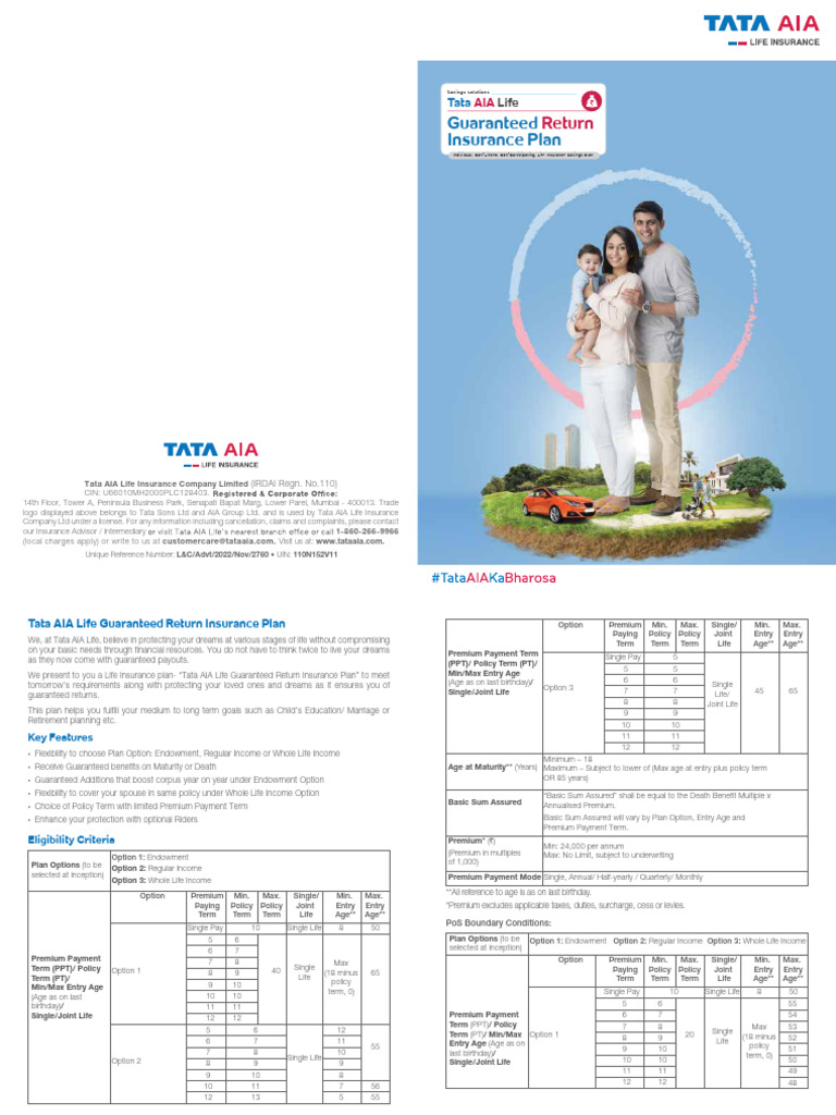 Tata AIA Life Guaranteed Return Insurance Plan Brochure (UIN110N152V11 ...