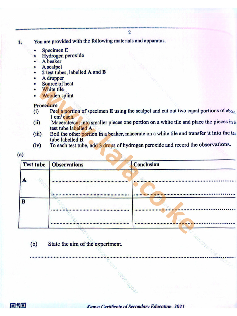 Kcse 2025 Biology Paper 3 Question Paper | PDF